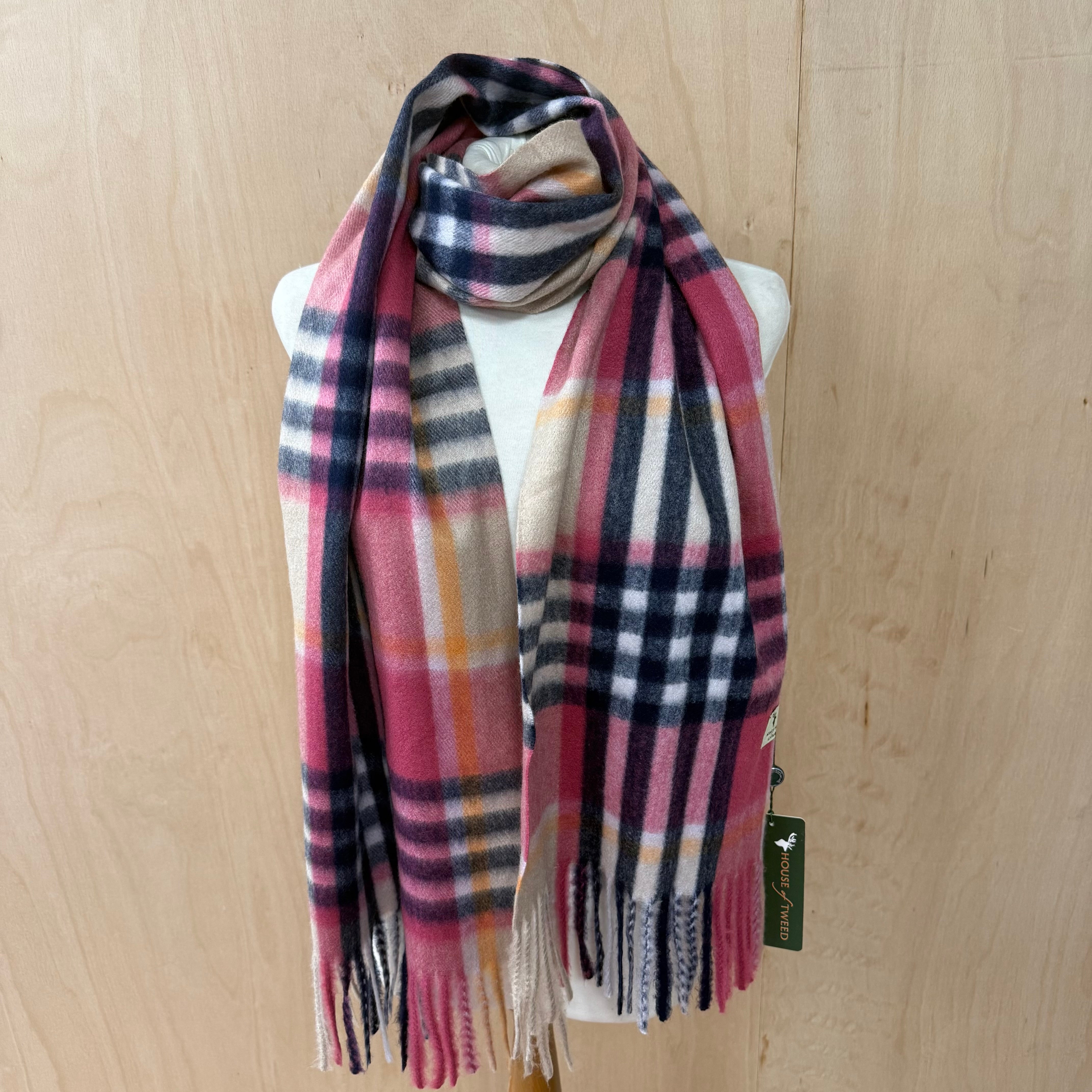 House of tweed pink multicolour soft checked scarf – Demelza Online Store